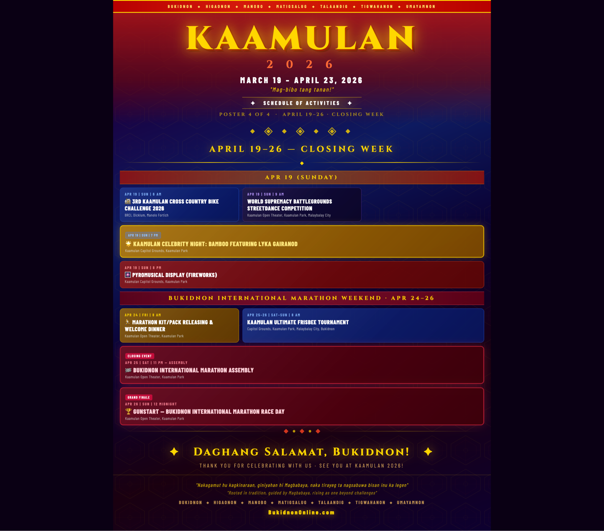 Kaamulan Festival 2026 Bukidnon Schedule of Activities